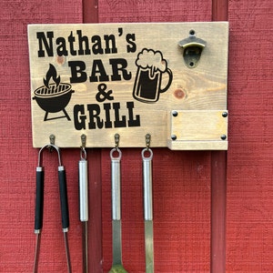 Personalized Wood Barbecue Utensil Tool Holder With Bottle Opener | BBQ Bar Grill Sign | Husband ...