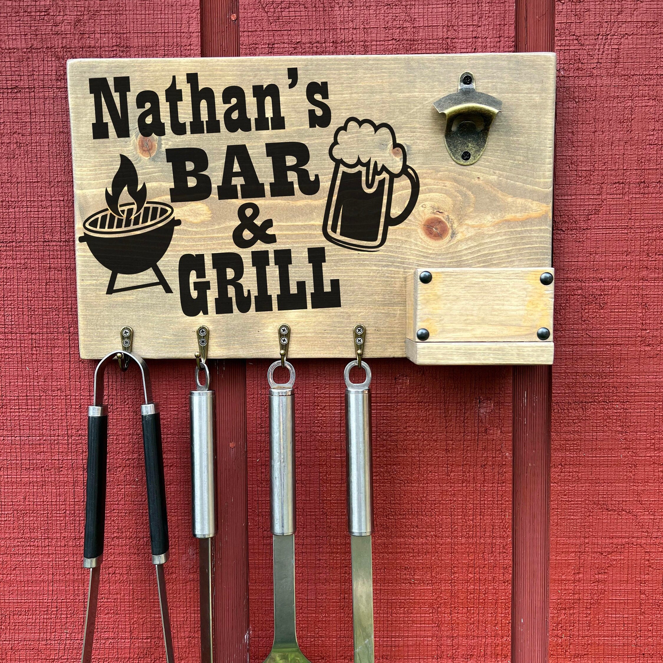 Personalized BBQ Grill Sign: Wood Utensil Holder With Bottle Opener - Etsy