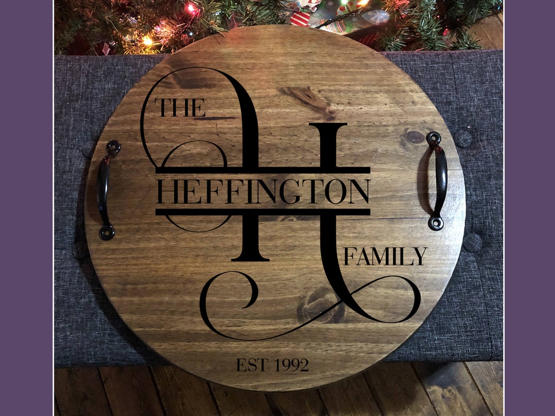 18" Round Wood Family Monogram Name Tray | Ottoman Coffee Table Decor ...