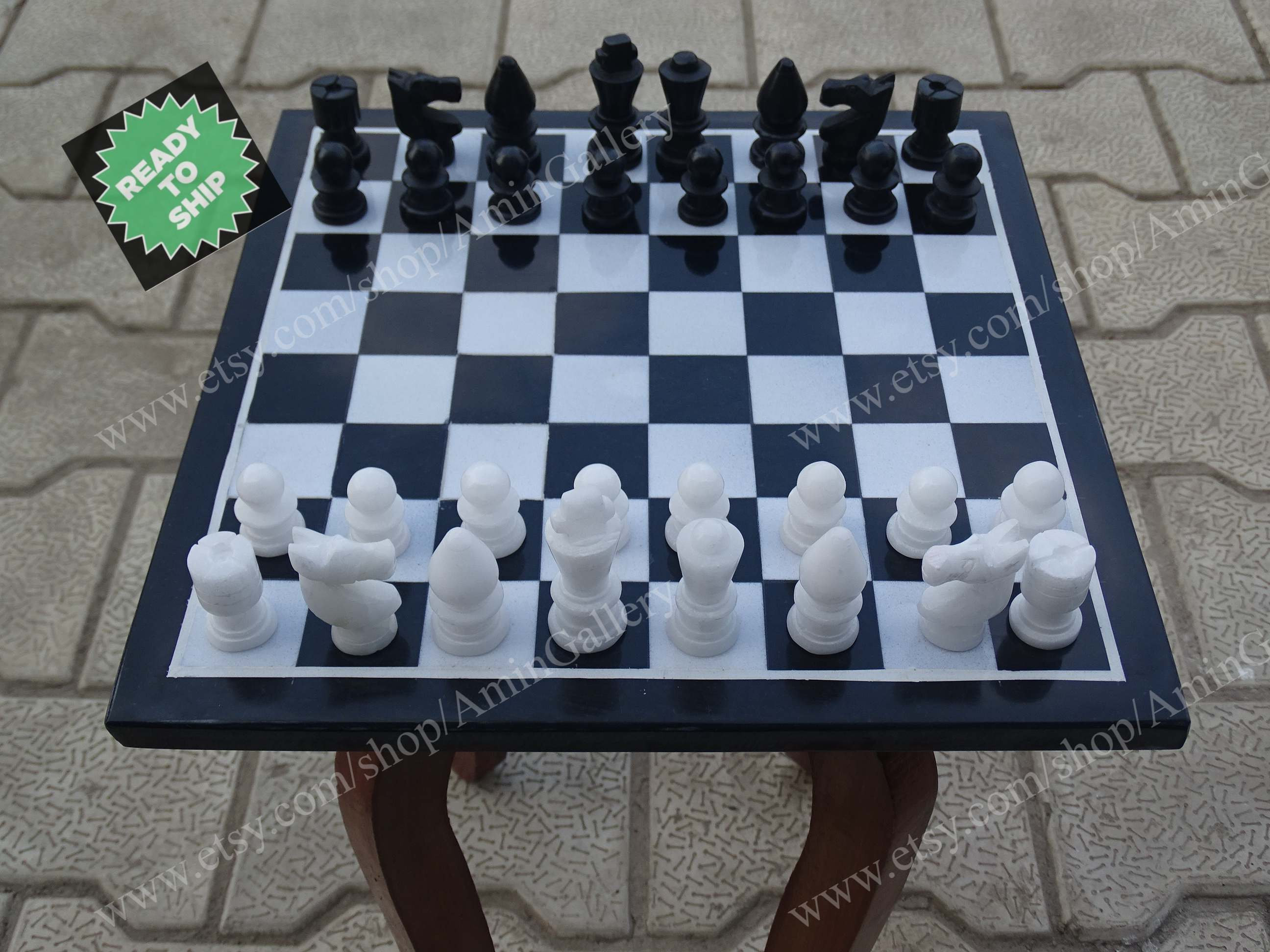Toys & Games Black Chess Board with Marble Chess Set Inlay Side Table ...