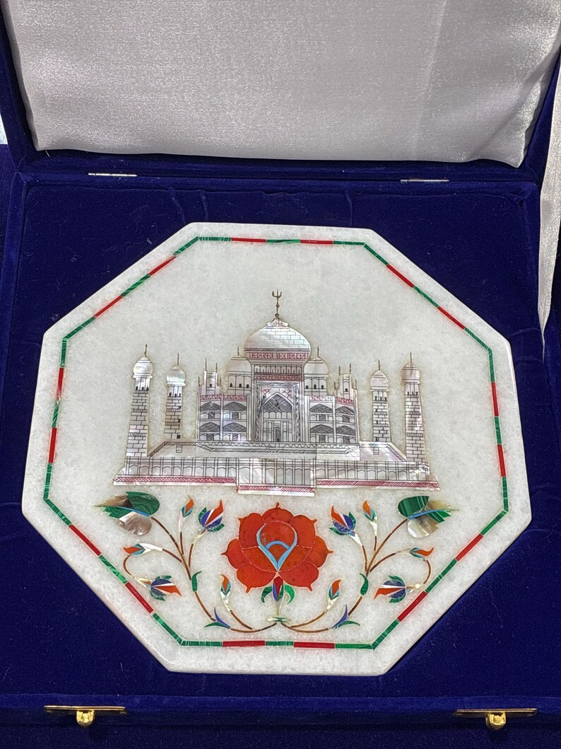 Inlay Trivet With Taj Mahal Design / White Marble Inlaid Semi Precious ...
