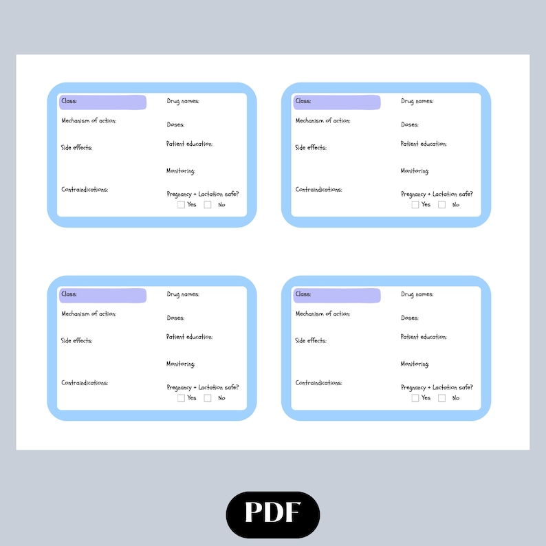 Pharmacology Flashcard Template for Nursing School | Instant Download ...