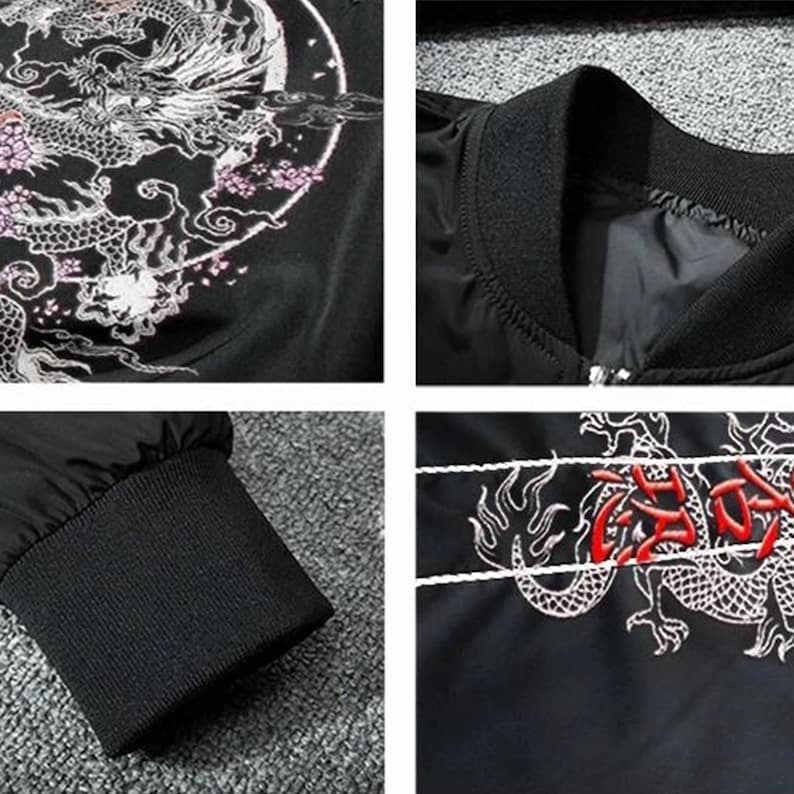 Embroidered Japanese Dragon Sukajan Jacket – Y2K Black Bomber, Unisex ...