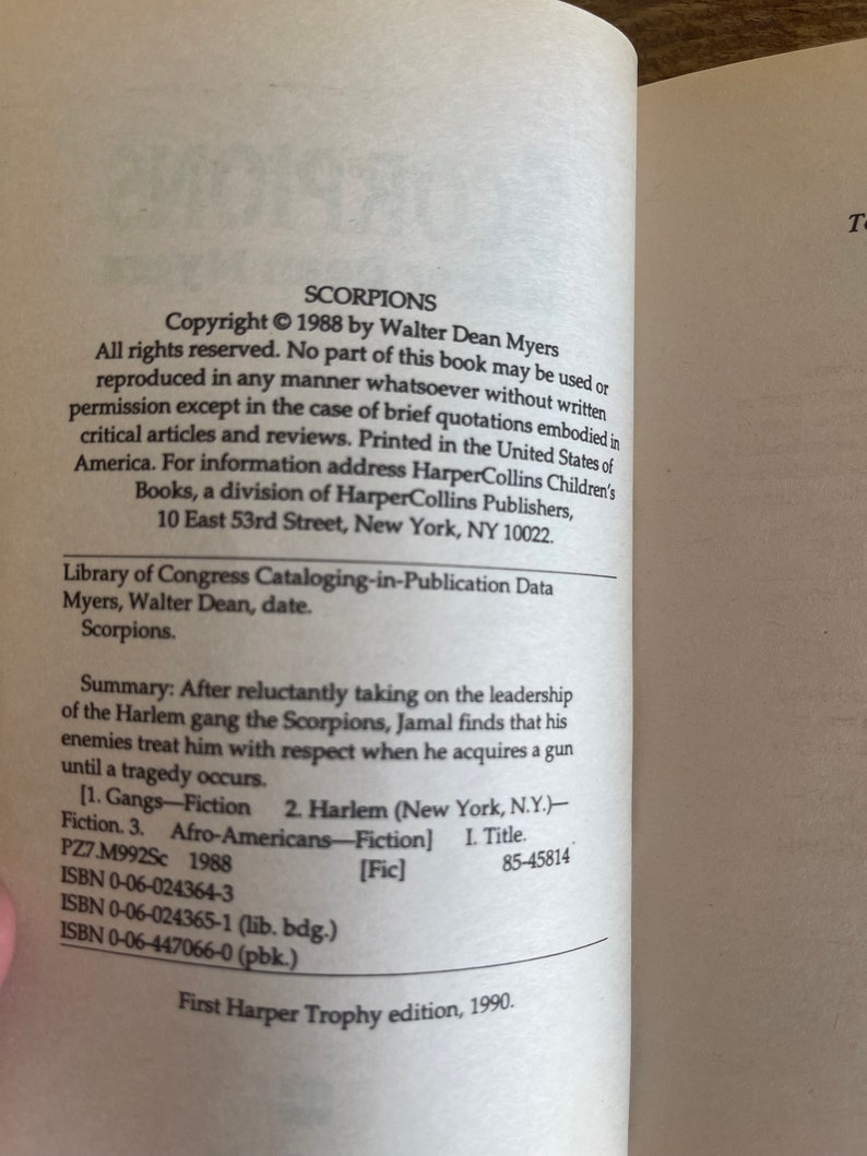 Scorpions // Walter Dean Myers // First Harper Trophy Edition - Etsy