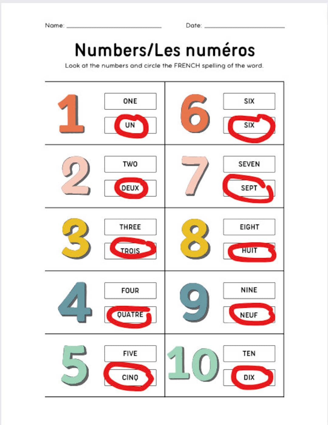 Numbers in French Vocabulary Sheet - Etsy