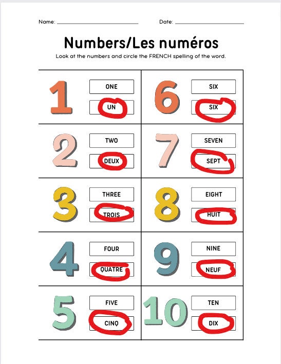 Numbers in French Vocabulary Sheet - Etsy