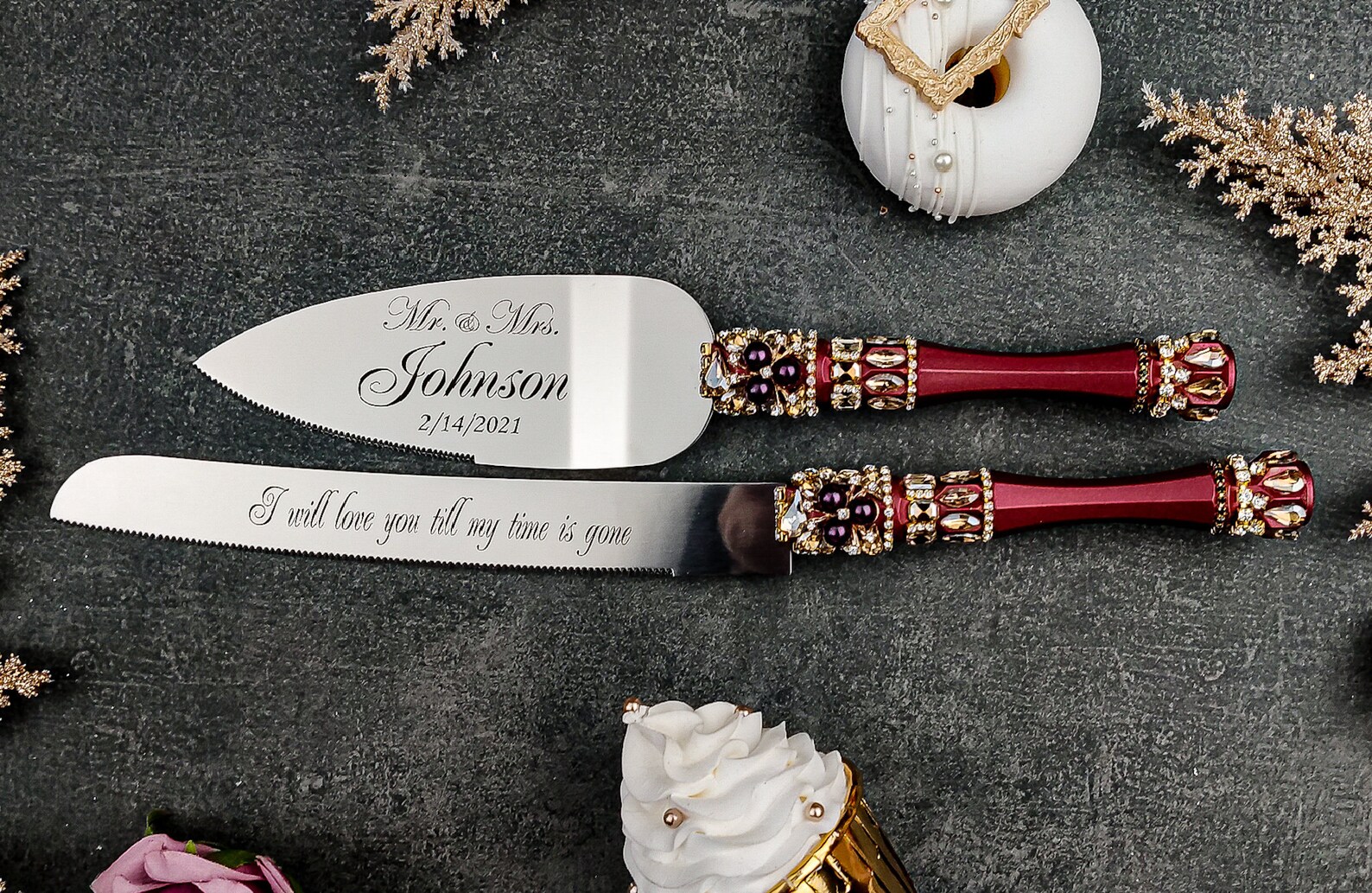 Burgundy Wedding Glassess Maroon Wedding Cake Cutting Server | Etsy