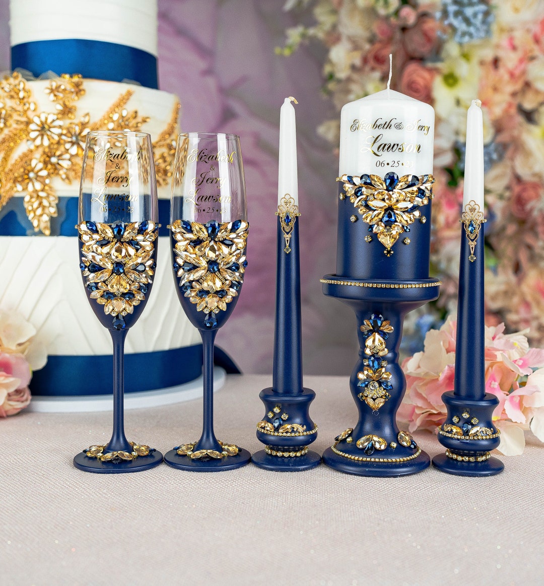Navy Blue Unity Candle Set, Navy Blue Gold Unity Candle Set, Navy Unity ...