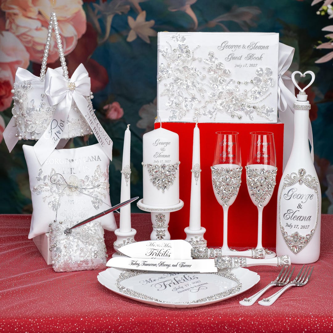 White Wedding Toasting Package, Custom Wedding Champagne Bottle, White ...