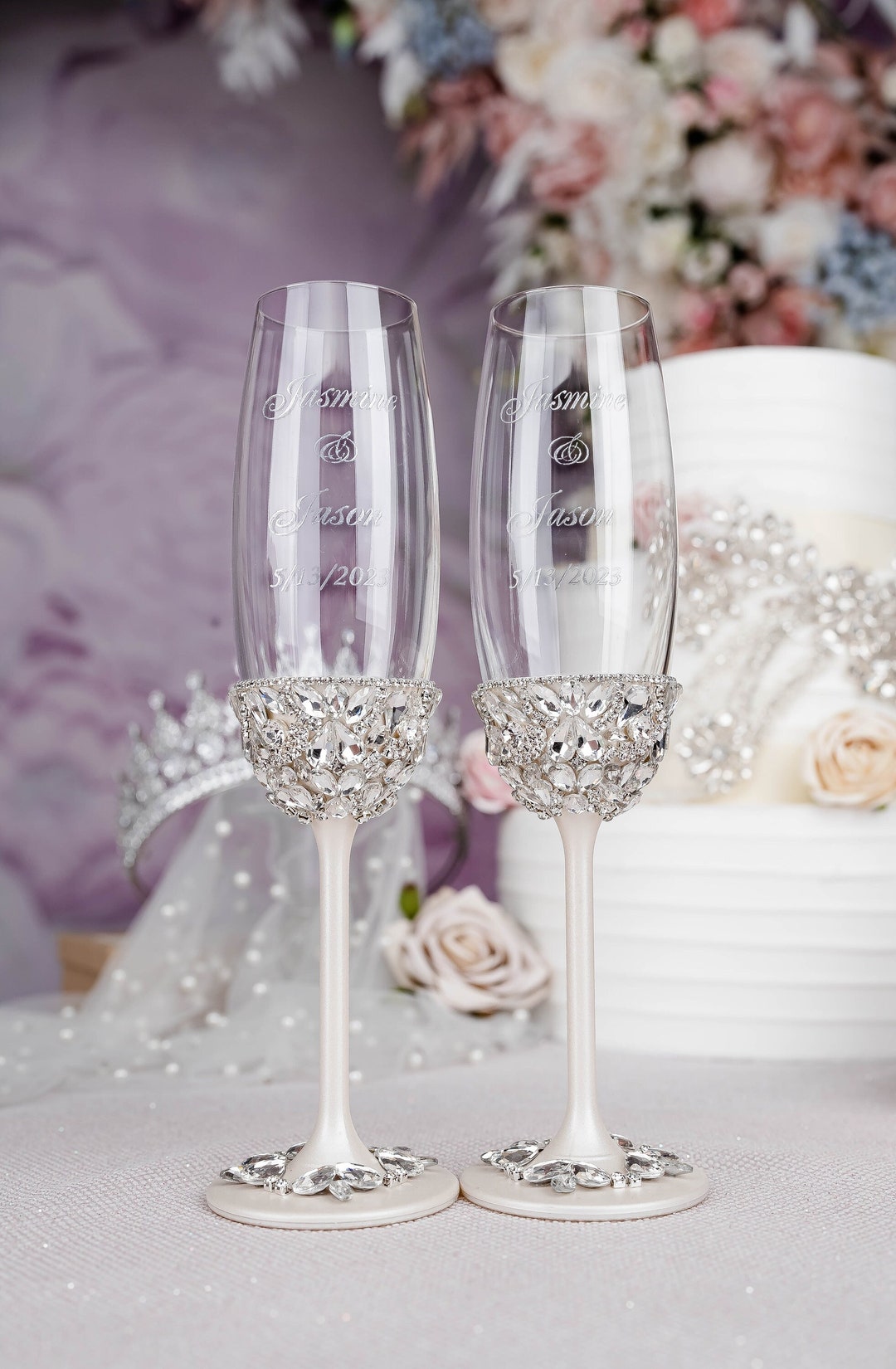 Wedding Ivory With Silver Toast Flutes, Ivory Champagne Glasses, Beige ...