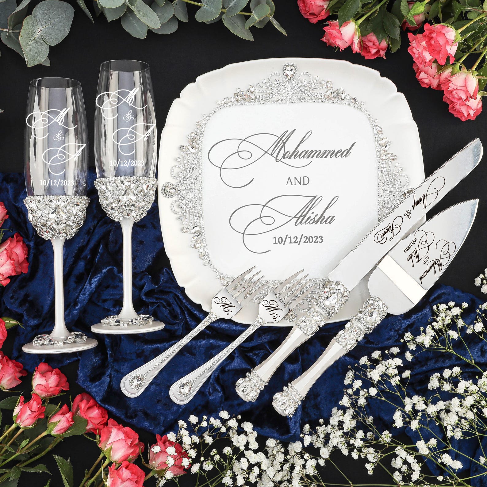 Silver Wedding Personalized Knife and Glasses, Silver Wedding Serving ...