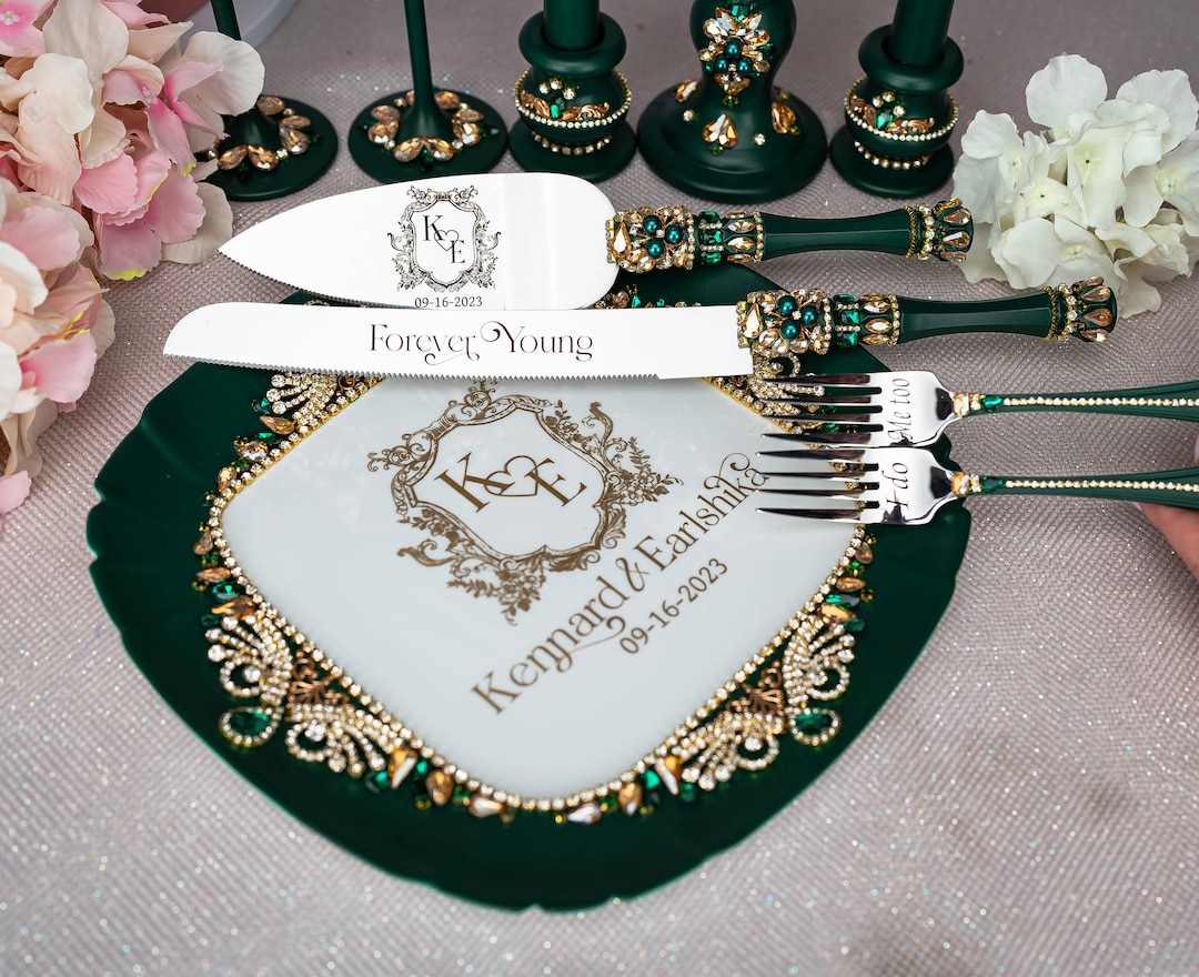 Green Wedding Flutes and Cake Server Sets, Emerald Wedding Glasses for ...