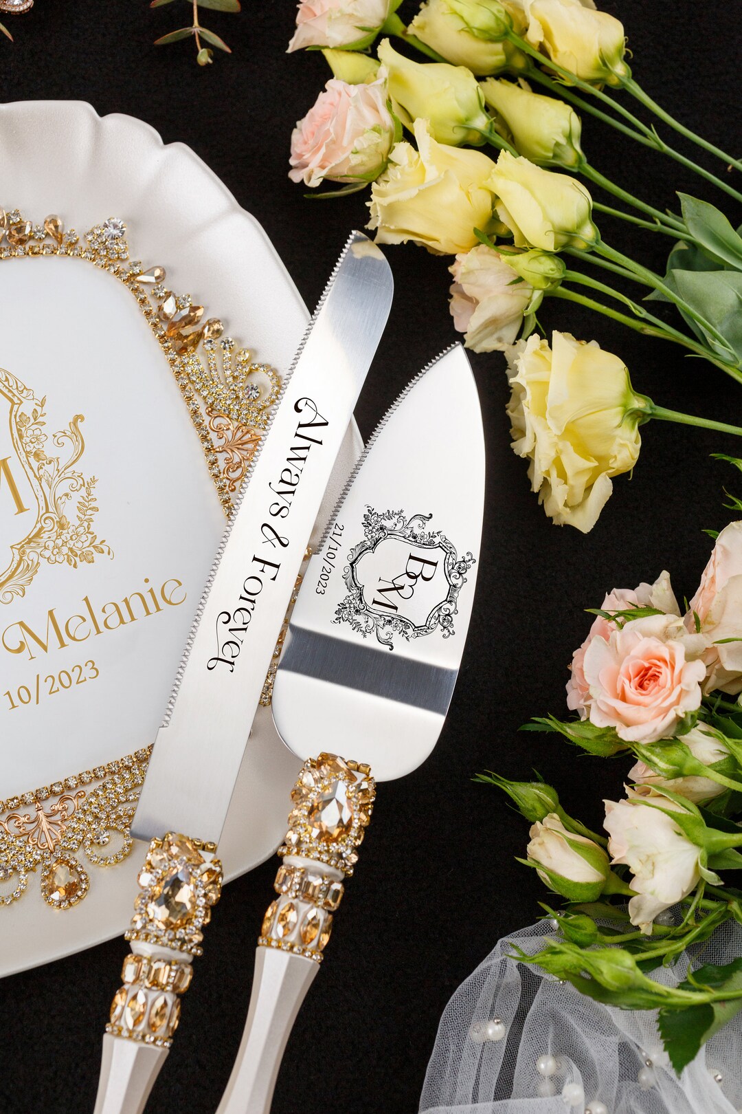 Vintage Wedding Glasses and Cake Server Sets, Elegant Wedding Flutes ...