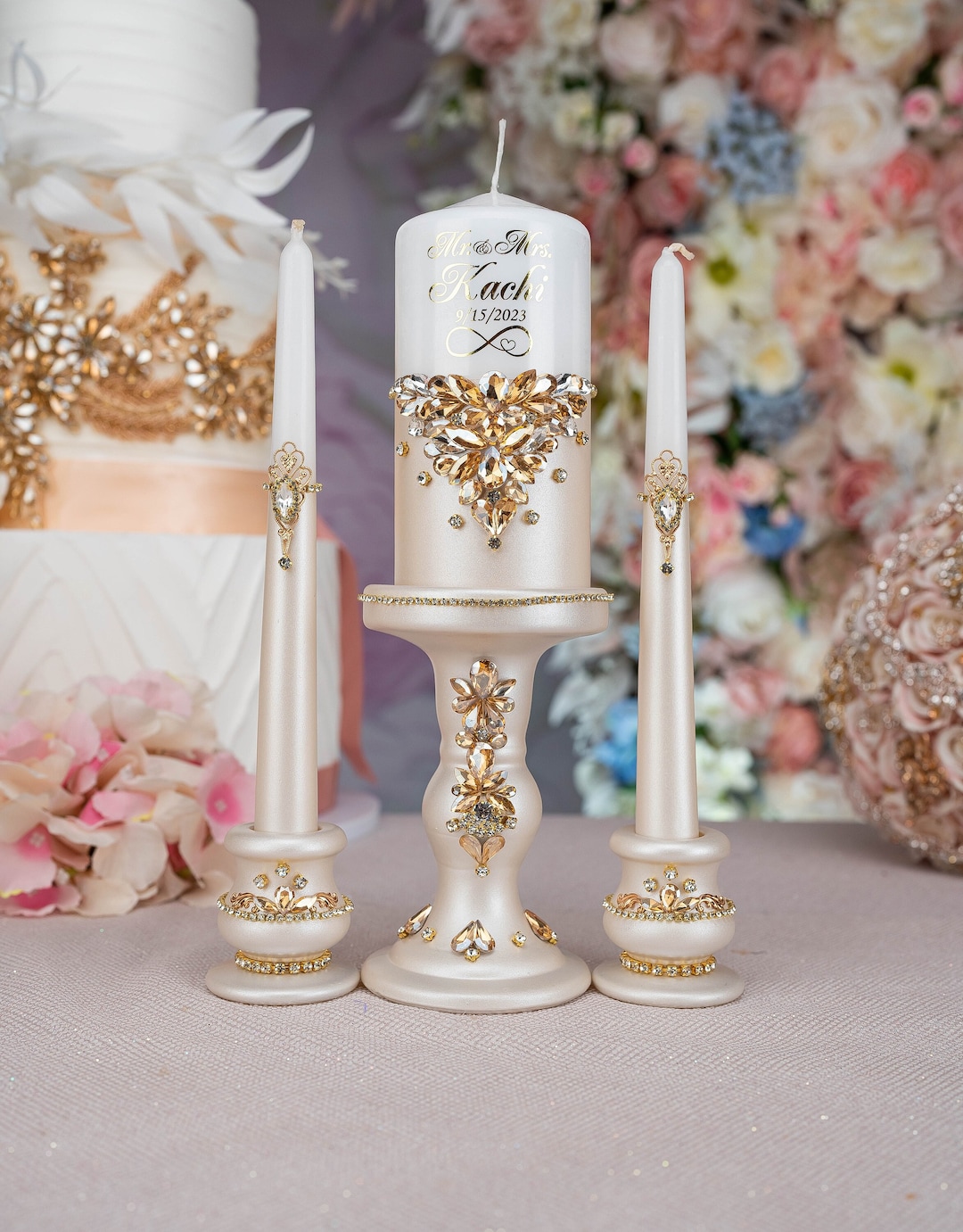 Champagne Gold Personalized Wedding Unity Candle Set: Ivory Ceremony ...