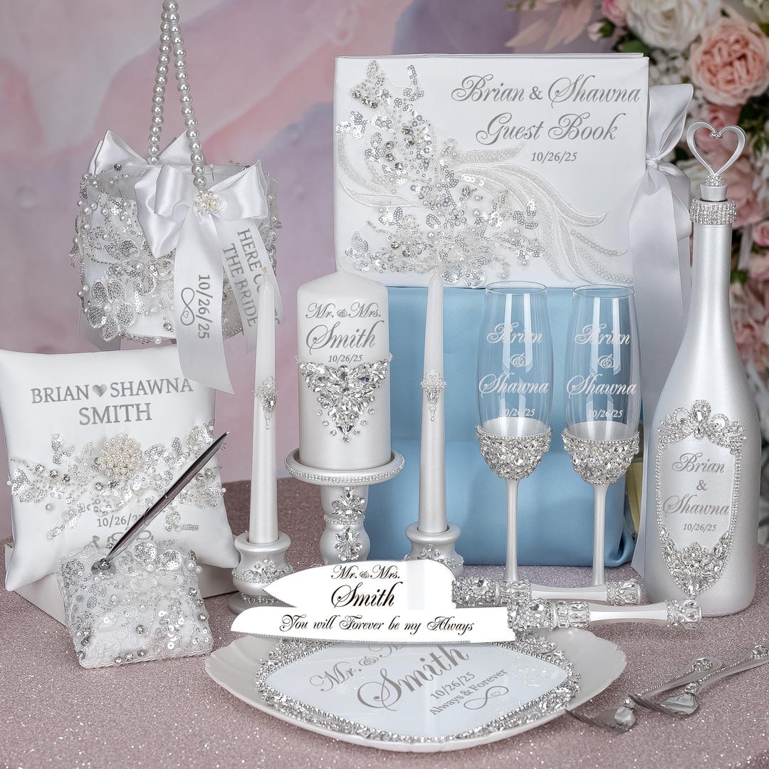 Personalized Silver Wedding Set: Flutes, Guest Book, Cake Knives, Ring ...