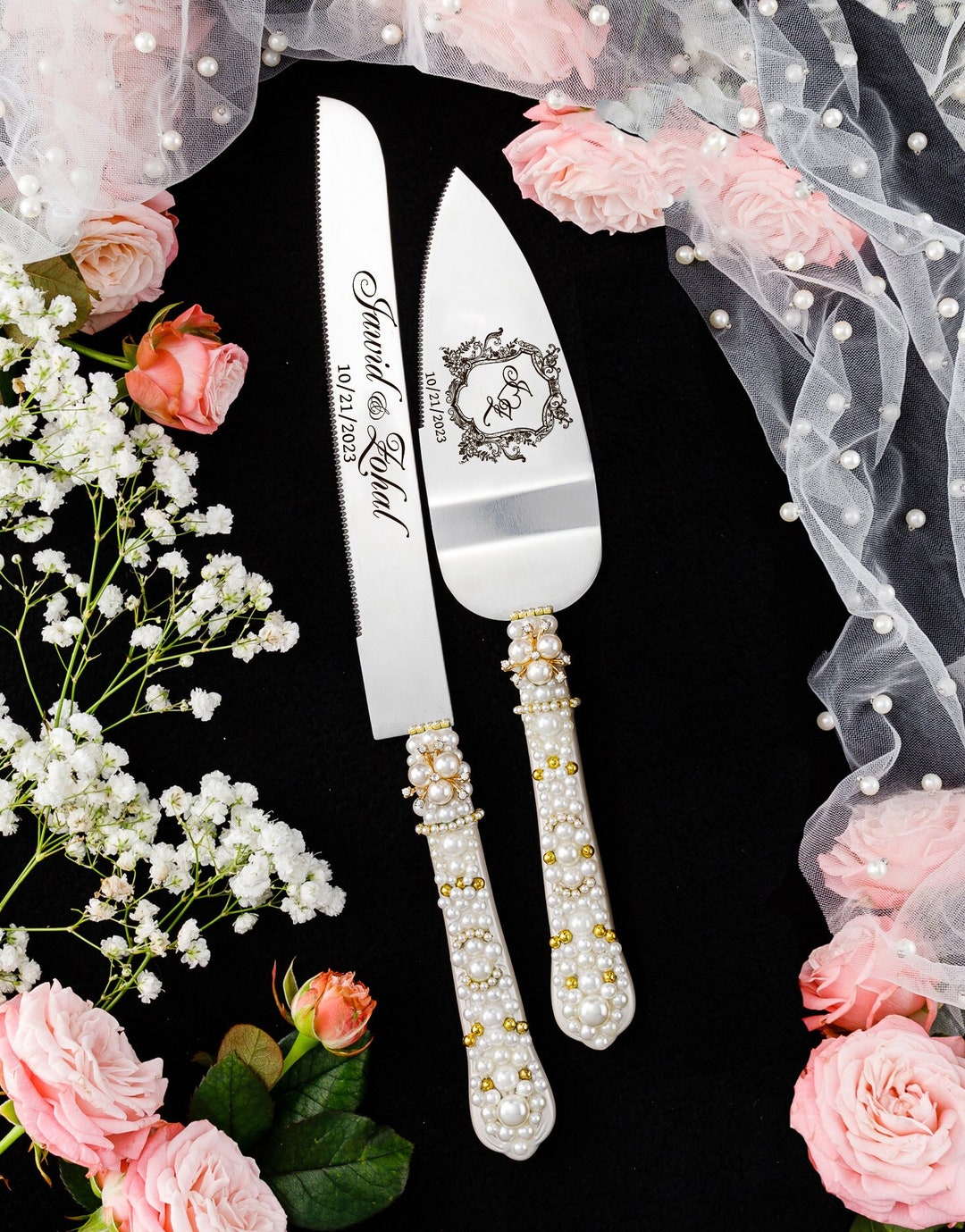 Pearl Wedding Cake Knife Set, Gold Pearl Wedding Glasses, Champagne ...
