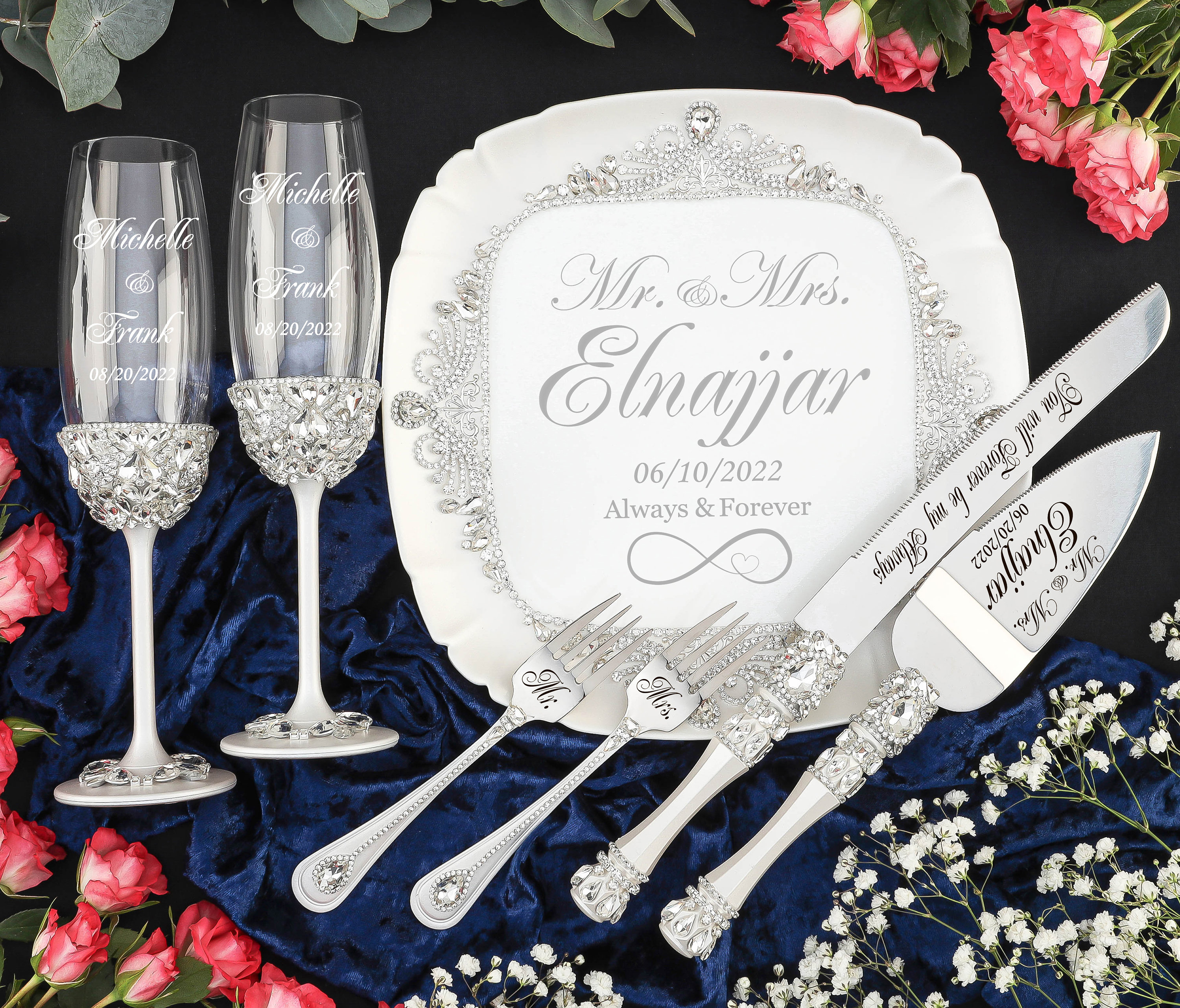 Silver Wedding Glasses for Bride and Groom, Engraved Wedding Champagne ...