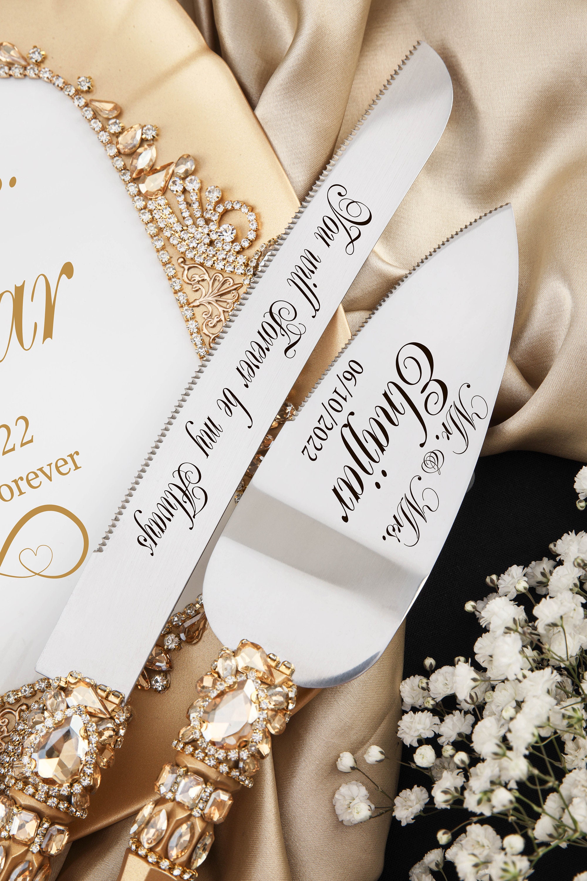 Wedding Toasting Set, Gold Champagne Glasses With Cake Knives, Gold ...