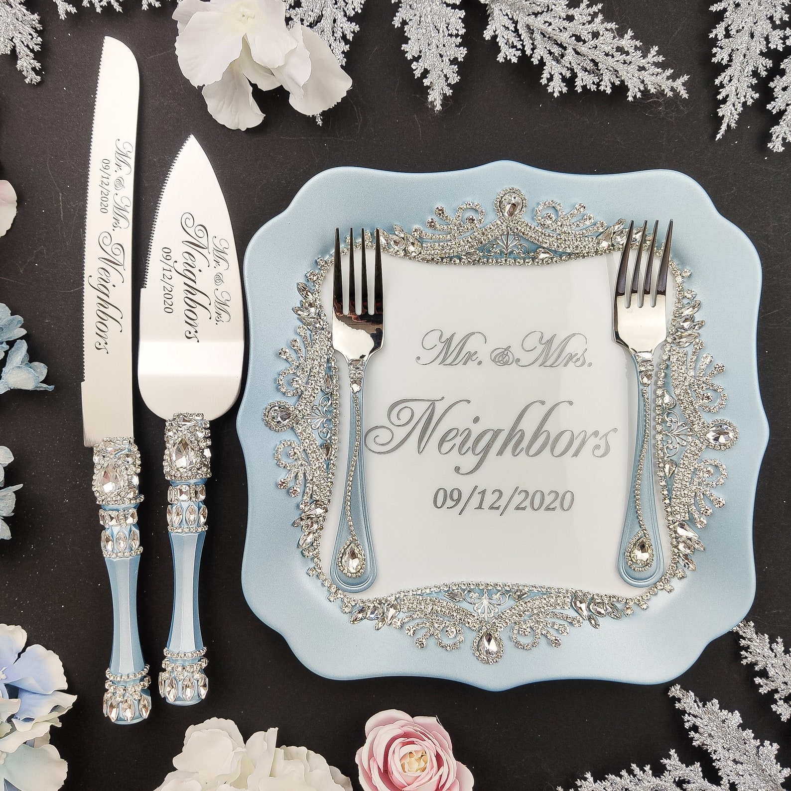 Dusty Blue Silver Wedding Cake Cutting Set Baby Blue Silver - Etsy