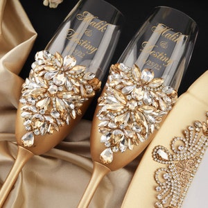 Wedding Toasting Set, Gold Champagne Glasses With Cake Knives, Gold ...