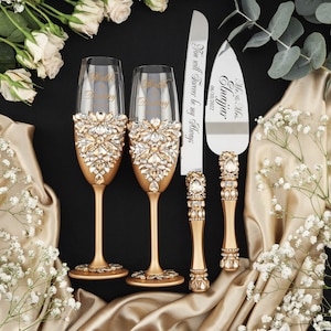 Wedding Toasting Set, Gold Champagne Glasses With Cake Knives, Gold ...