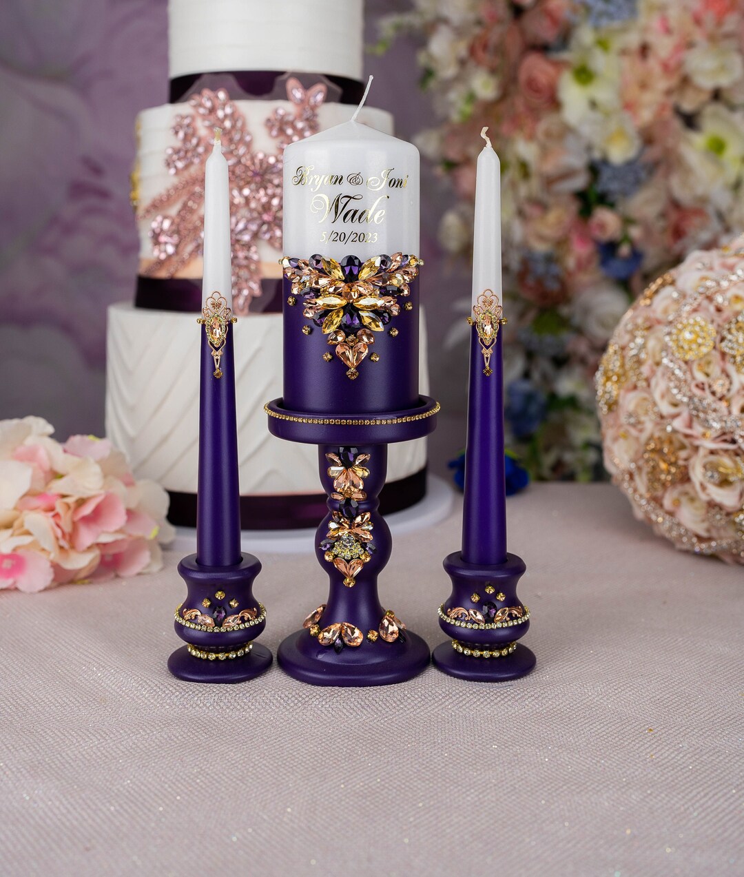 Purple Unity Candle Set, Purple Wedding Candles, Plum Rose Gold Wedding ...