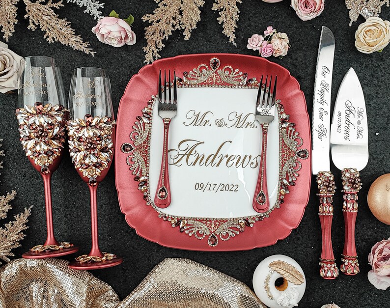 Burgundy Wedding Glassess Maroon Wedding Cake Cutting Server - Etsy