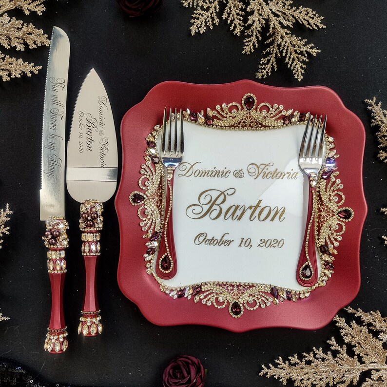 Burgundy Wedding Glassess Maroon Wedding Cake Cutting Server | Etsy