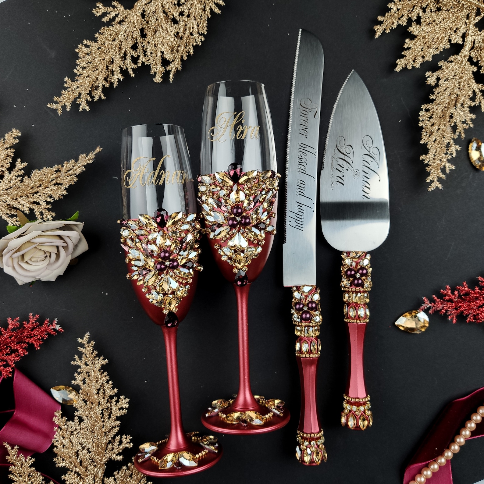 Burgundy Wedding Glassess Maroon Wedding Cake Cutting Server | Etsy