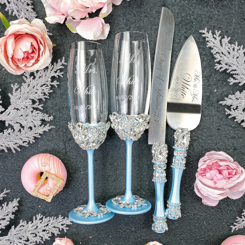 Dusty Blue Silver Wedding Cake Cutting Set Baby Blue Silver | Etsy
