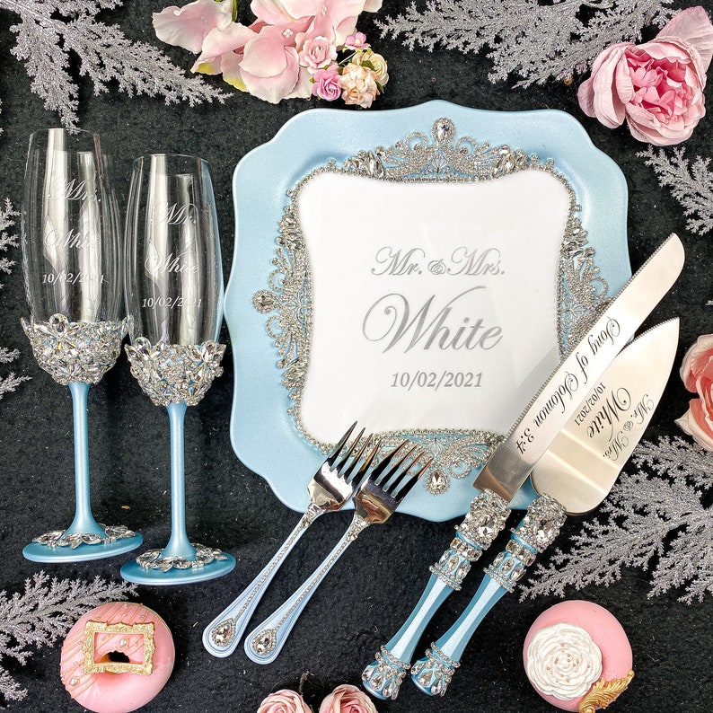 Dusty Blue Silver Wedding Cake Cutting Set Baby Blue Silver | Etsy