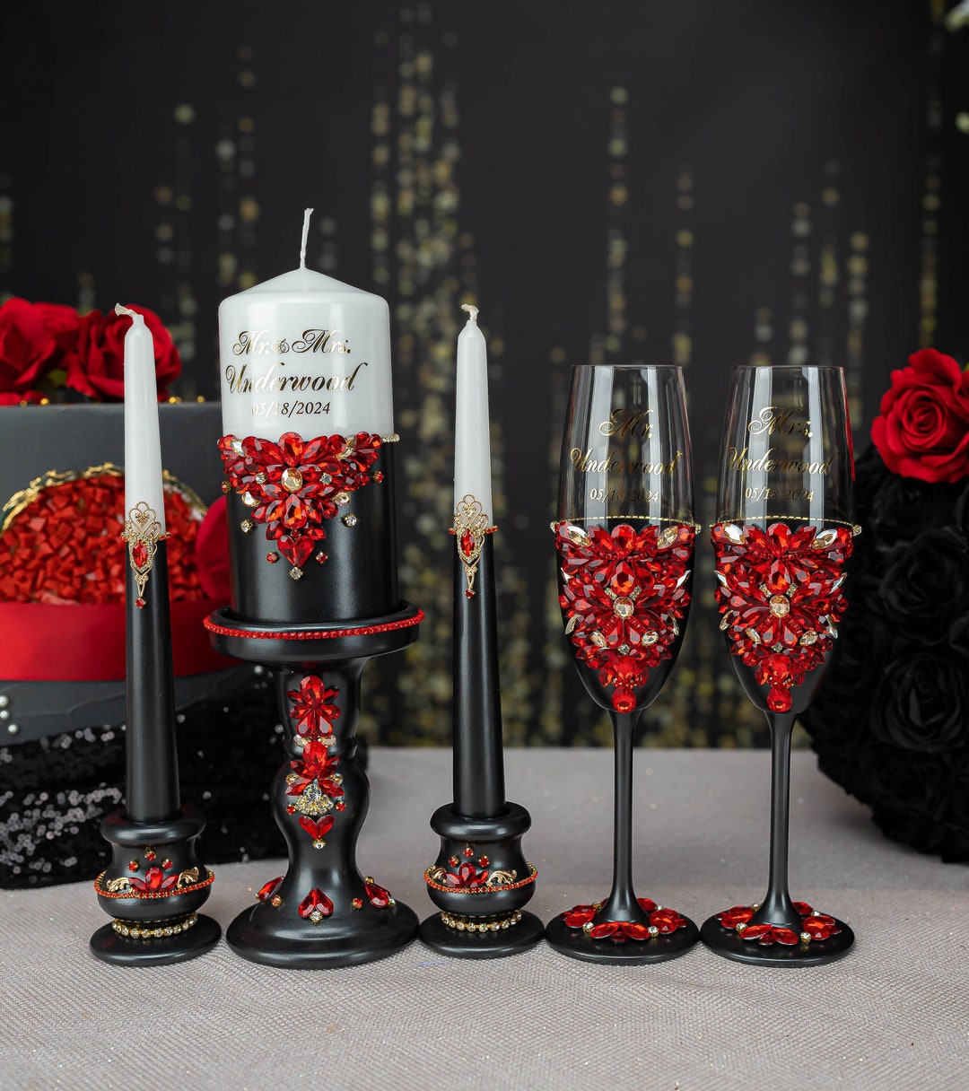 Red Black Unity Candle Set Wedding, Gold Black Red Wedding Candles ...