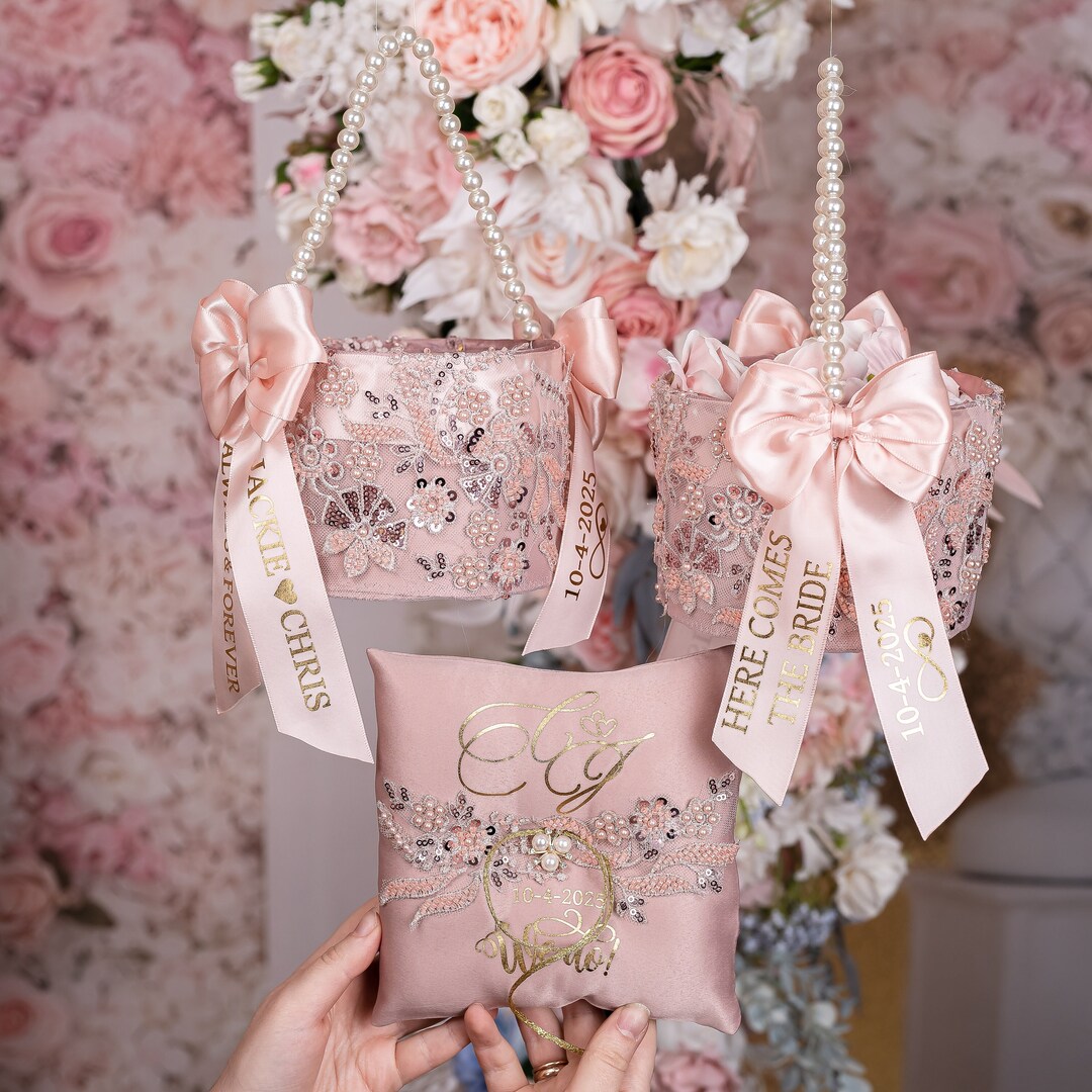 Rose Gold Flower Girl Basket and Ring Bearer Pillows, Personalized ...