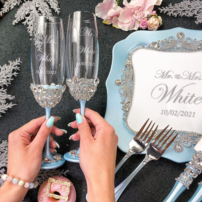 Dusty Blue Silver Wedding Cake Cutting Set Baby Blue Silver | Etsy