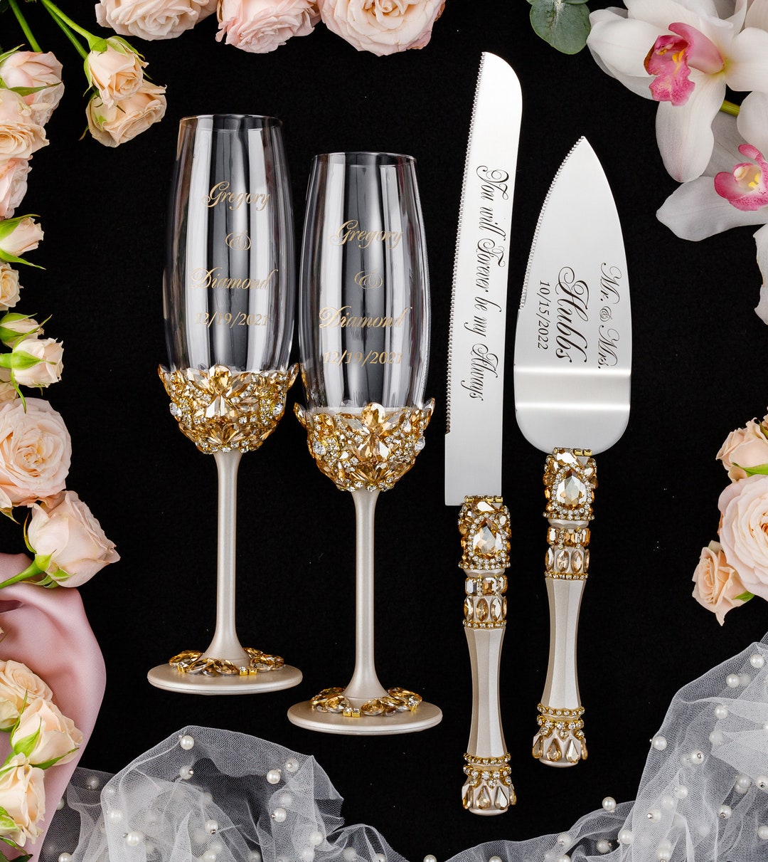 Flutes and Cake Server Sets Ivory Wedding Glasses for Bride - Etsy