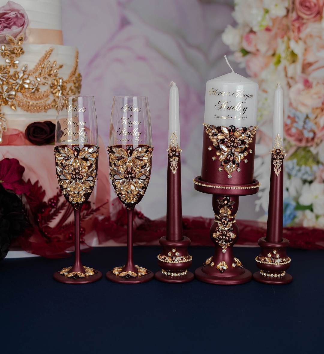 Burgundy Wedding Unity Candle Set, Maroon Wedding Candle Set, Fall ...