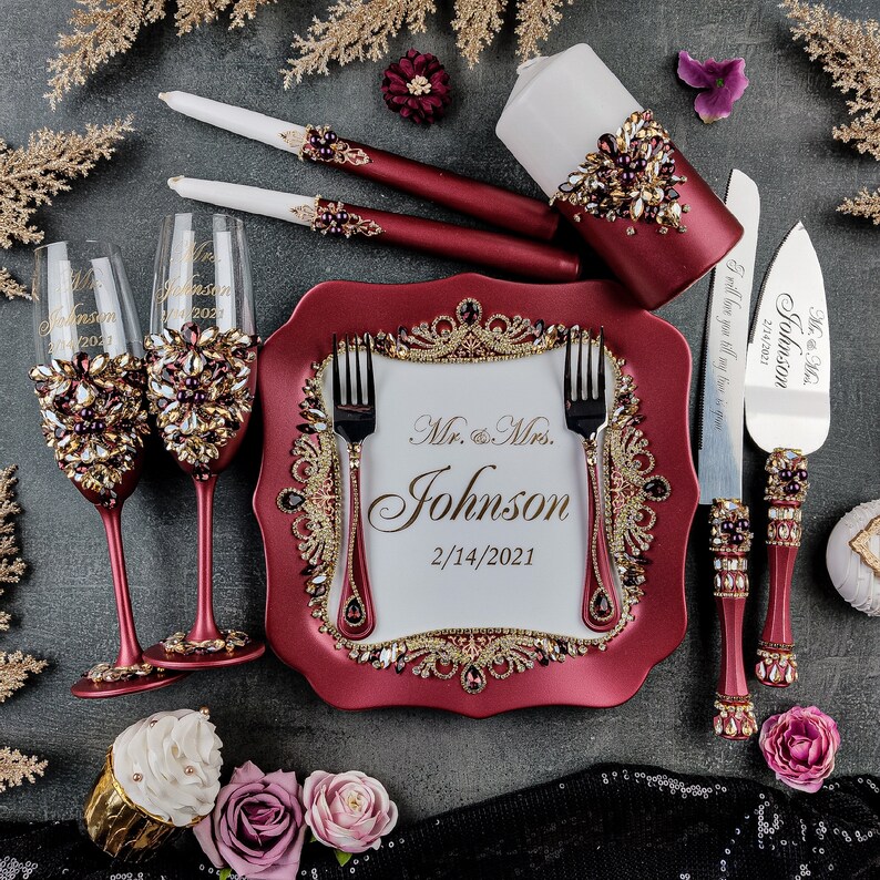 Burgundy Wedding Glassess Maroon Wedding Cake Cutting Server | Etsy