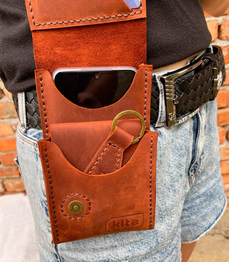 Handmade Leather Mini Phone Bag: iPhone 15 Pro MAX, Wallet & Keychain ...