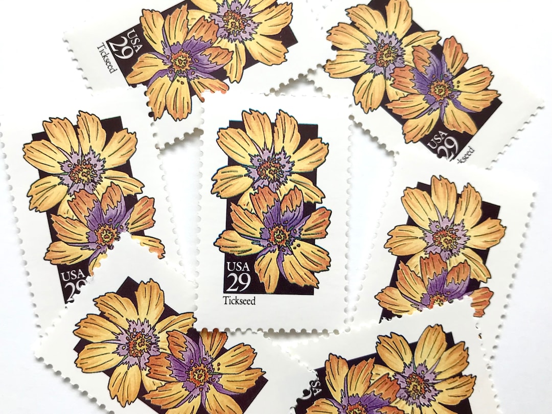 10 Vintage Unused Wildflower Tickseed Mail Stamps / Botanical Yellow ...