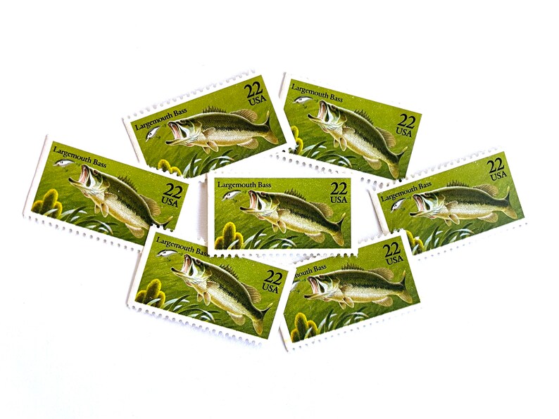 10 Vintage Unused Largemouth Bass Stamps / Fish USPS Postage / 22 Cents ...