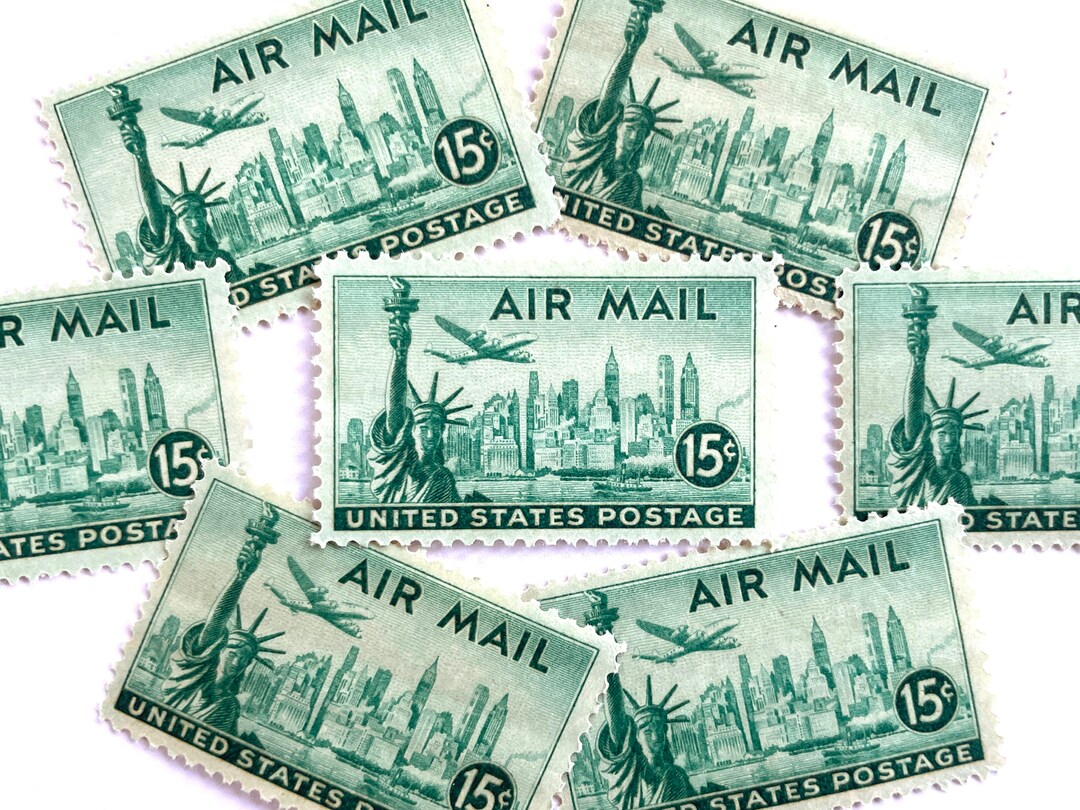 10 Vintage Unused New York Skyline Stamps / Air Mail NYC Statue of ...