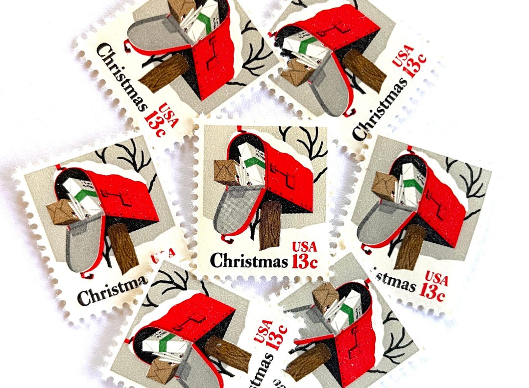 20 Vintage Unused Christmas Rural Mailbox Stamps / Holiday Red Mail ...