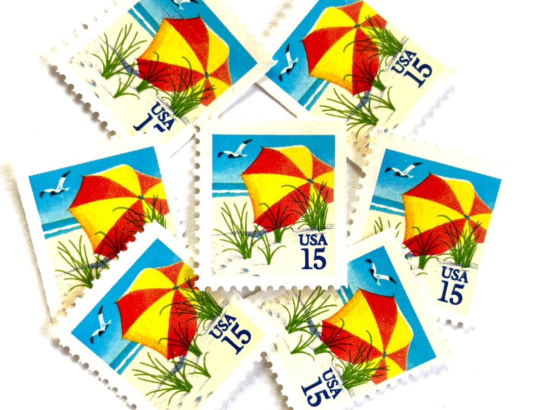 10 Vintage Unused Beach Umbrella Mail Stamps / Nautical Vacation Mini ...