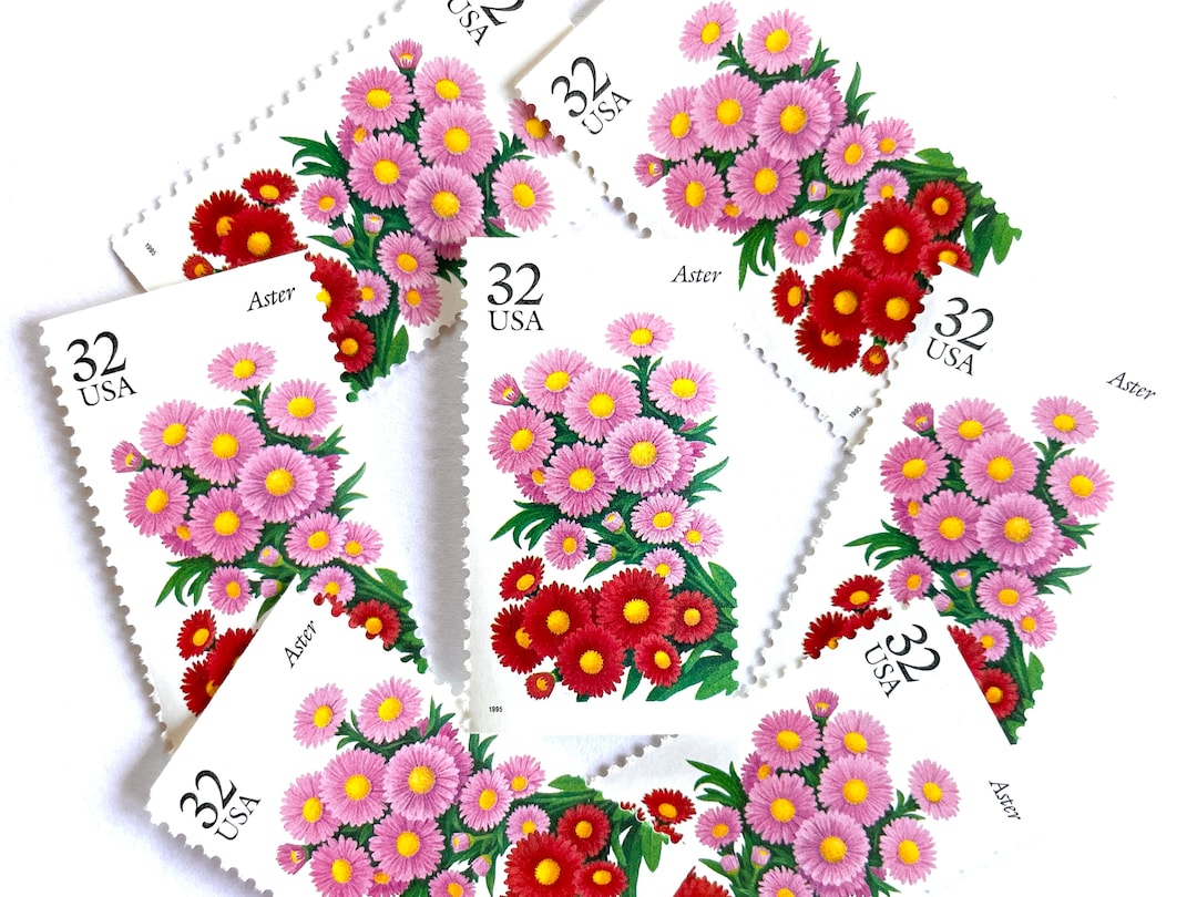 10 Vintage Unused Aster Flower Mail Stamps / Pink Red Fall Garden ...