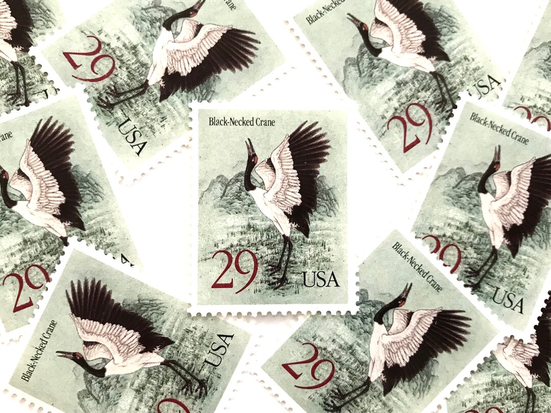 10 Vintage Unused Black-necked Crane Stamps / Black White Green Bird ...