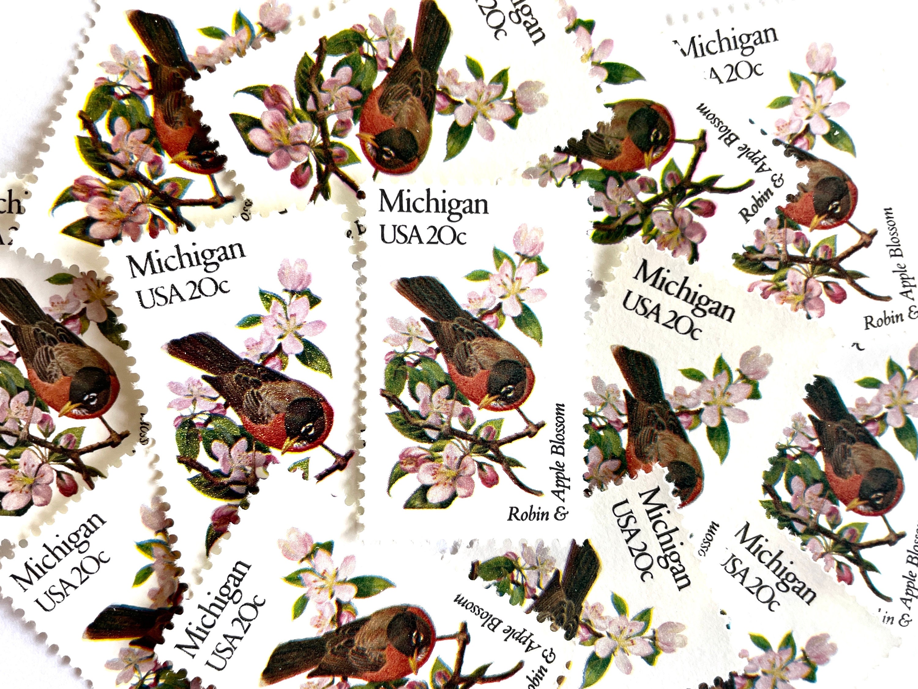 10 Vintage Unused Michigan State Bird and Flower Mail Stamps / Robin ...