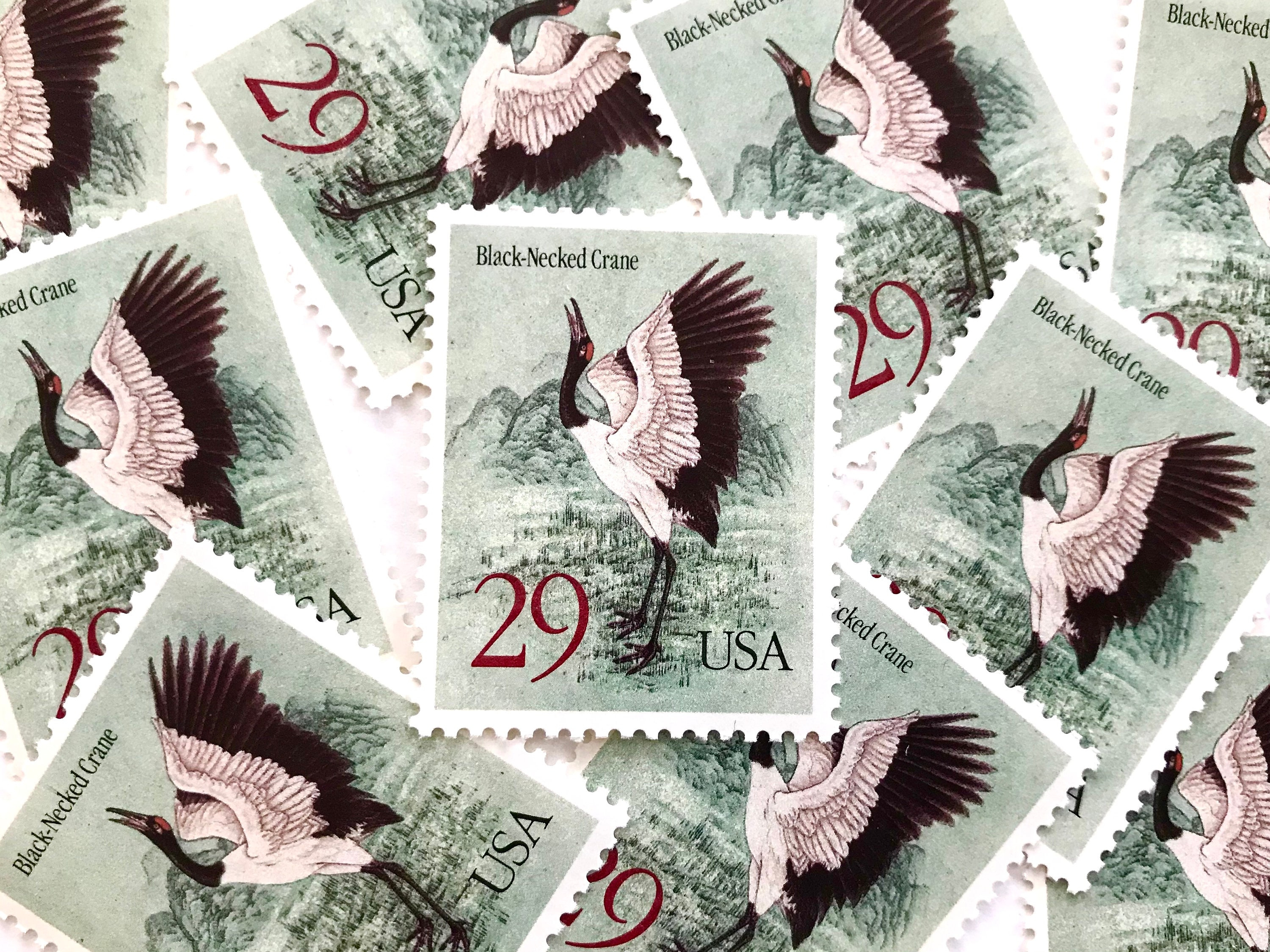 10 Vintage Unused Black-necked Crane Stamps / Black White Green Bird ...