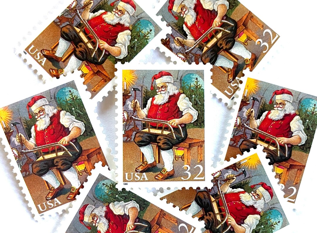 10 Vintage Unused Santa Claus Building a Sled Christmas Stamps ...