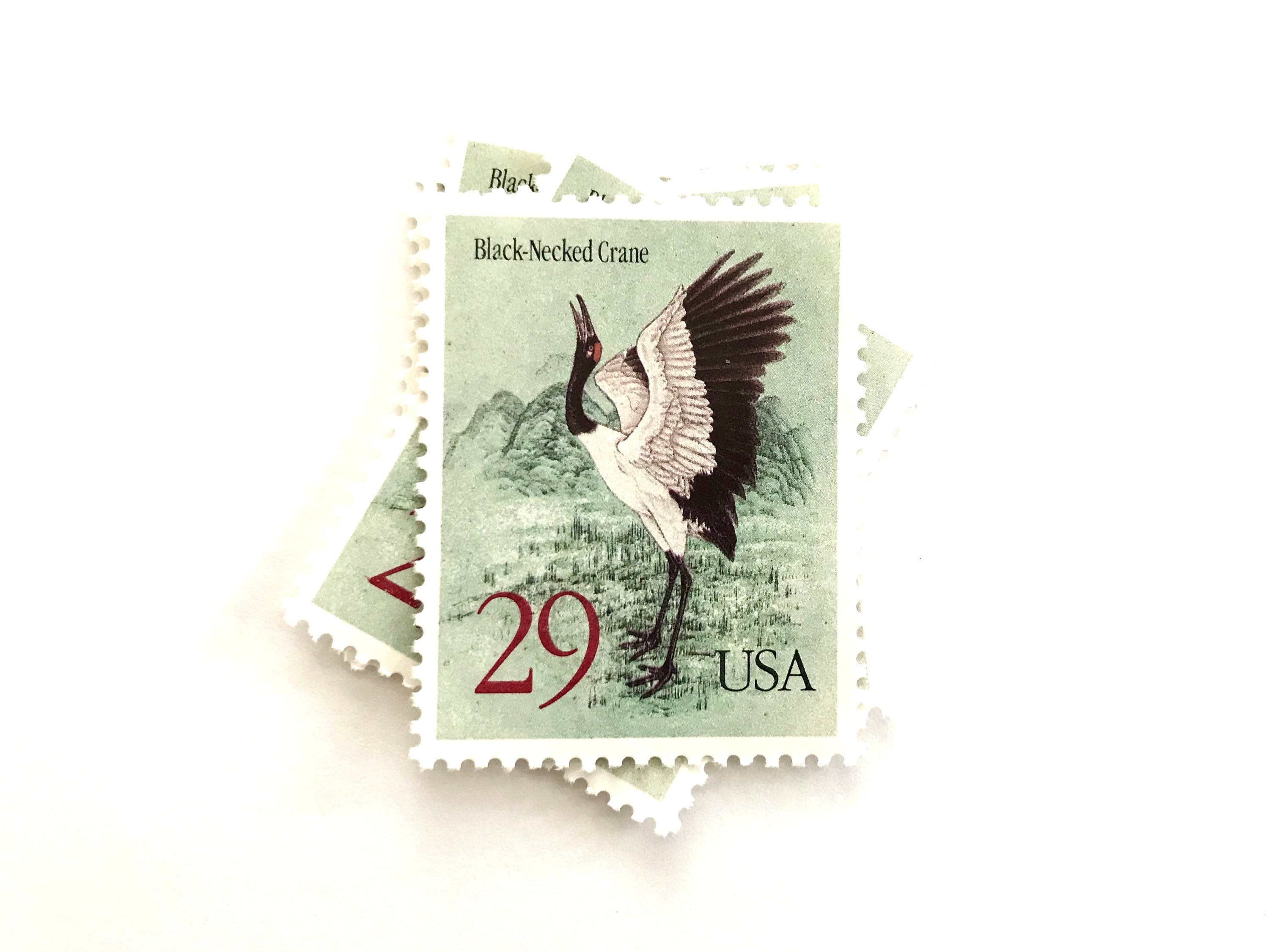 10 Vintage Unused Black-necked Crane Stamps / Black White Green Bird ...