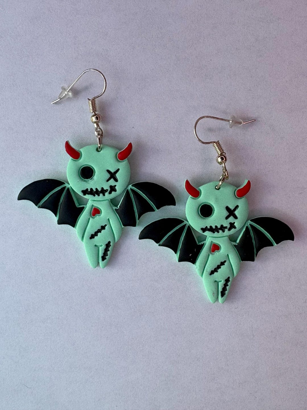 Green Devil Voodoo Doll With Horns and Bat Wings Polymer Clay Earrings ...